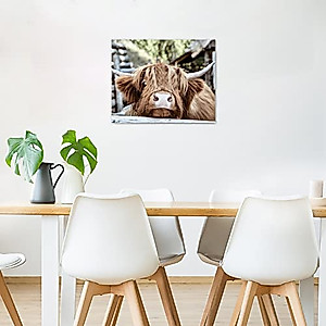 LB Highland Cow Canvas Wall Art Funny Farm Brown Bull Canvas Prints Rustic Animal Cattle Artwork Country Modern Painting Picture Poster for Bathroom Bedroom Living Room Wall Decor,16x12 Inch