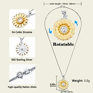 Aniu Graduation Gifts Golden Rotatable Sunshine Sunflower Pendant Necklace for Women, S925 Sterling Silver You Are My Sunshine Jewelry with 5A Cubic Zirconia (Gold) (White)