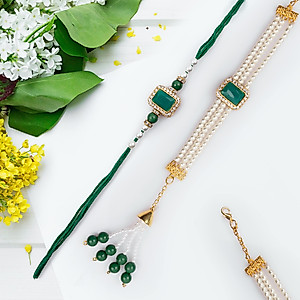 SMIZZY (RE)TOUCHING LIVES Cpmbo of Rakhi With Designer Kundan Stone Lumba Bracelet, Potli Bag, Roli Chawal And Greeting Card, Green