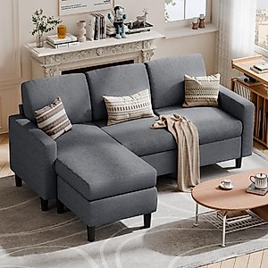 SUNLEI L-Shaped Couch Sofa for Living Room Convertible Sectional Sofa with Reversible Chaise Modern Linen Fabric,Sectional Sofa Couch for Small Space(Dark Grey)