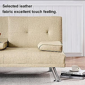 JCSTEU 67" Leather Sofa Bed with Cup Holder, Folding Sleeper Loveseat Couch with Adjustable Backrests, Convertible Loveseat Sofa for Living Room, Apartment,600 LBS Support (Beige)