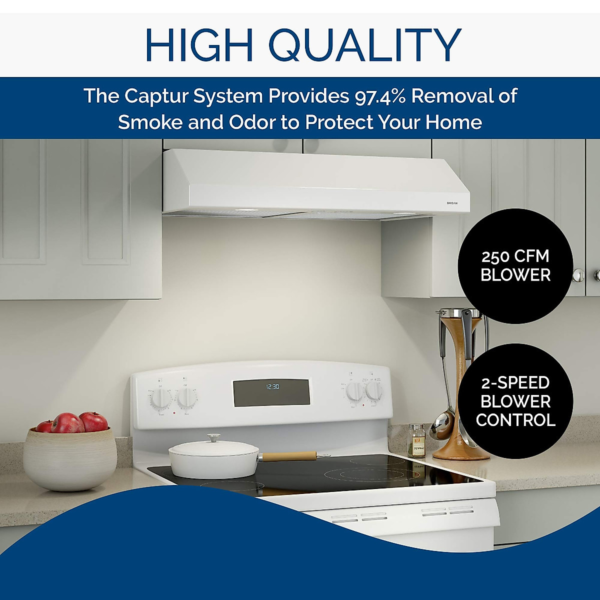 Broan-NuTone BCSD124WW Glacier Range Hood with Light, Exhaust Fan for Under Cabinet, White, 24-inch