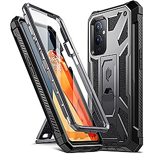 Poetic Spartan Series Designed for OnePlus 9 5G Case, Full-Body Rugged Shockproof Protective Cover with [Premium Leather Texture], Kickstand and Built-in Screen Protector, Metallic Gun Metal