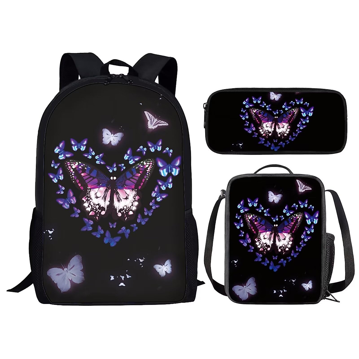 Cute School Backpack with Lunch Box for Girls Large Capacity Lightweight Custom Hearts Butterfly Backpack Set Aesthetic Kids Comfy Padded Adjustable Book Bag Lunch Bag Pencil Case 3 in 1