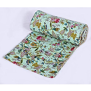MAVISS HOMES Beautiful and Comfortable Indian Vintage Floral Printed Cotton Kantha Quilt | Throw Blanket Bedspread | Vintage Quilt | Home Décor |Bedding; Floral 7