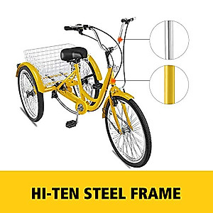 Happybuy 20/24/26 inch Adult Tricycle 1/7 Speed 3 Wheel Bike Adult Tricycle Trike Cruise Bike Large Size Basket for Recreation Shopping (Yellow, 26 Inch / 7 Speed)