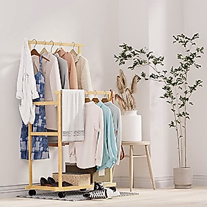 MOUTIK Wood Rolling Clothes Hanging Rack: Heavy Duty Double Rods Clothing Garment Racks - Bamboo Coat Hanger Organizer on Lockable Wheels with Shoes Shelf for Storage Display