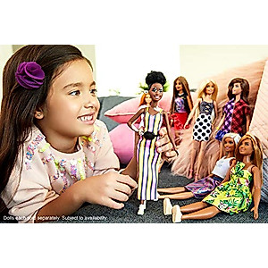 Barbie Fashionistas Doll with Vitiligo and Curly Brunette Hair Wearing Striped Dress and Accessories, for 3 to 8 Year Olds​