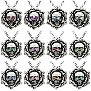 Skull Rose Birthstone Necklace With Crystal 17" - 19" Adjustable Chain (03-March – Blue)