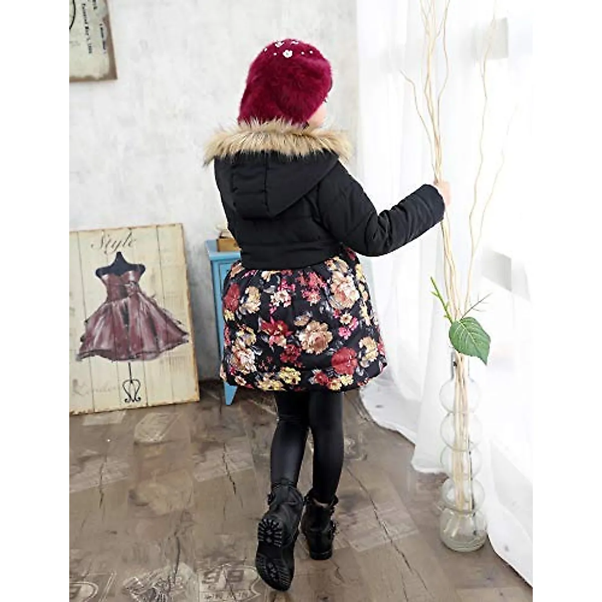 SS&CC Girls' Long Flower Printing Bowknot Winter Hooded Down Jacket 10-12 Years