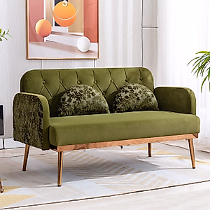 55-inch Small Velvet Couch with Elegant Moon Shape Pillows, Twin Size Loveseat Accent Sofa with Golden Metal Legs, Living Room Sofa with Tufted Backrest, 600 Pounds Weight Capacity, Green