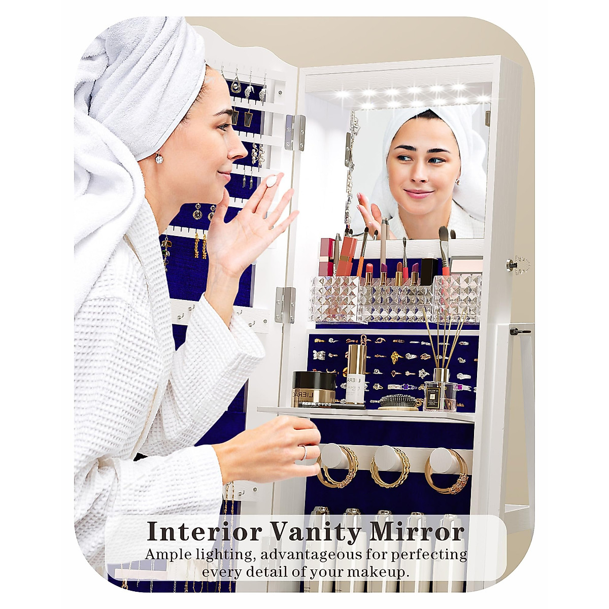 Full-Length Standing Mirror Jewelry Cabinet with Lights, Storage, and Rotating Shelf - White