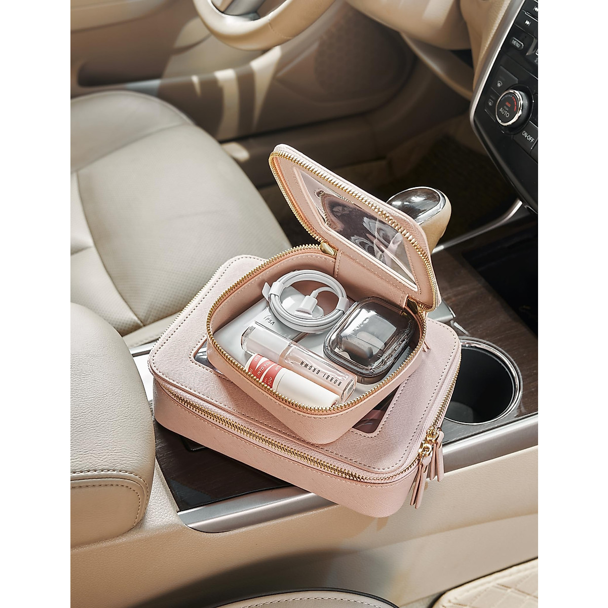 Small Makeup Bag for Purse Mini Cosmetic Bag Clear Pink Square Pouch for School Cute Leather Make Up Case Travel Organizer for Backpack Tiny Toiletry Bag with Zipper for Car Essentials Women Girls