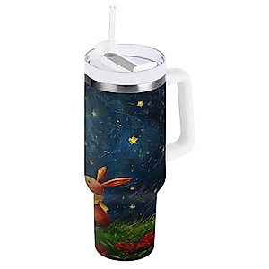 Little Red Rabbit Starry Blue Travel Coffee Tumbler, Stainless Steel Cup, Tumbler with Lid and Straw