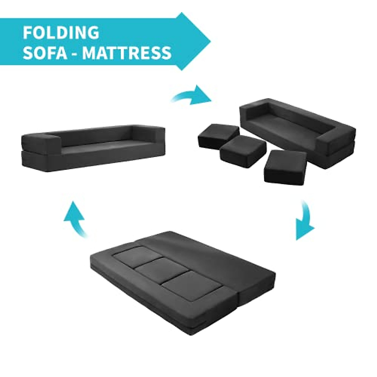 CECER Convertible Futon Sofa Bed with 3 Ottomans, Memory Foam Pull Out Couch, Velvet Fold Out Sleeper Sofa Couch, Foldable Mattress Floor Sofa for Living Room/Bedroom/Office, Dark Grey