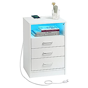 ADORNEVE LED Nightstand with Wireless Charging Stations,Night Stand for Bedroom,Bedside Table with Drawers,Modern End Side Table,White