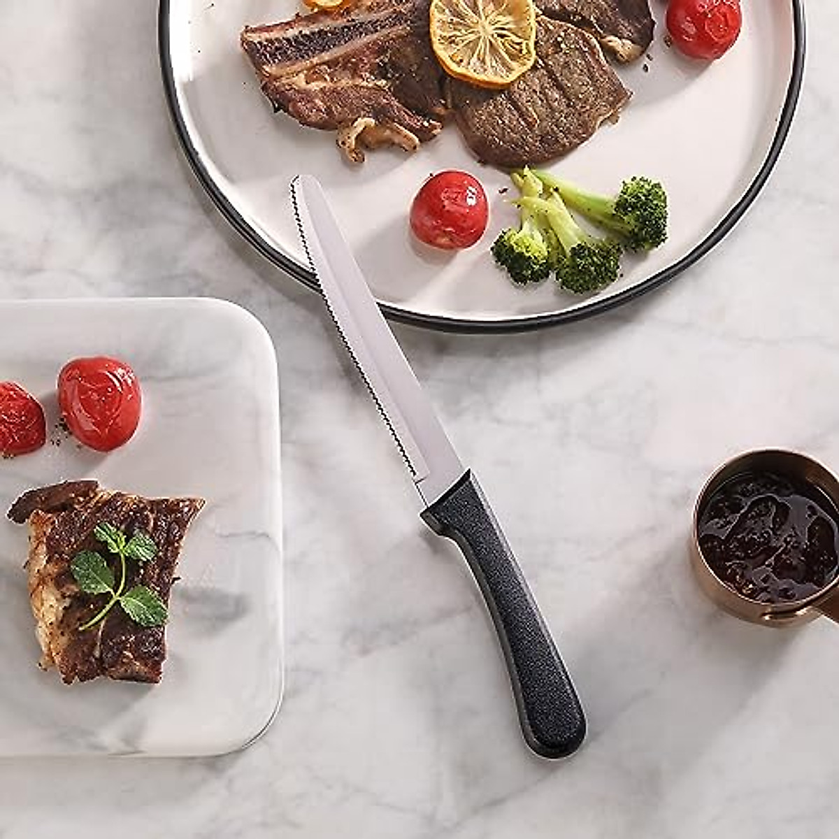 New Star Foodservice 58994 Stainless Steel Steak Knife, 4.5-Inch Rounded Serrated Blade with Plastic Handle, Set of 12