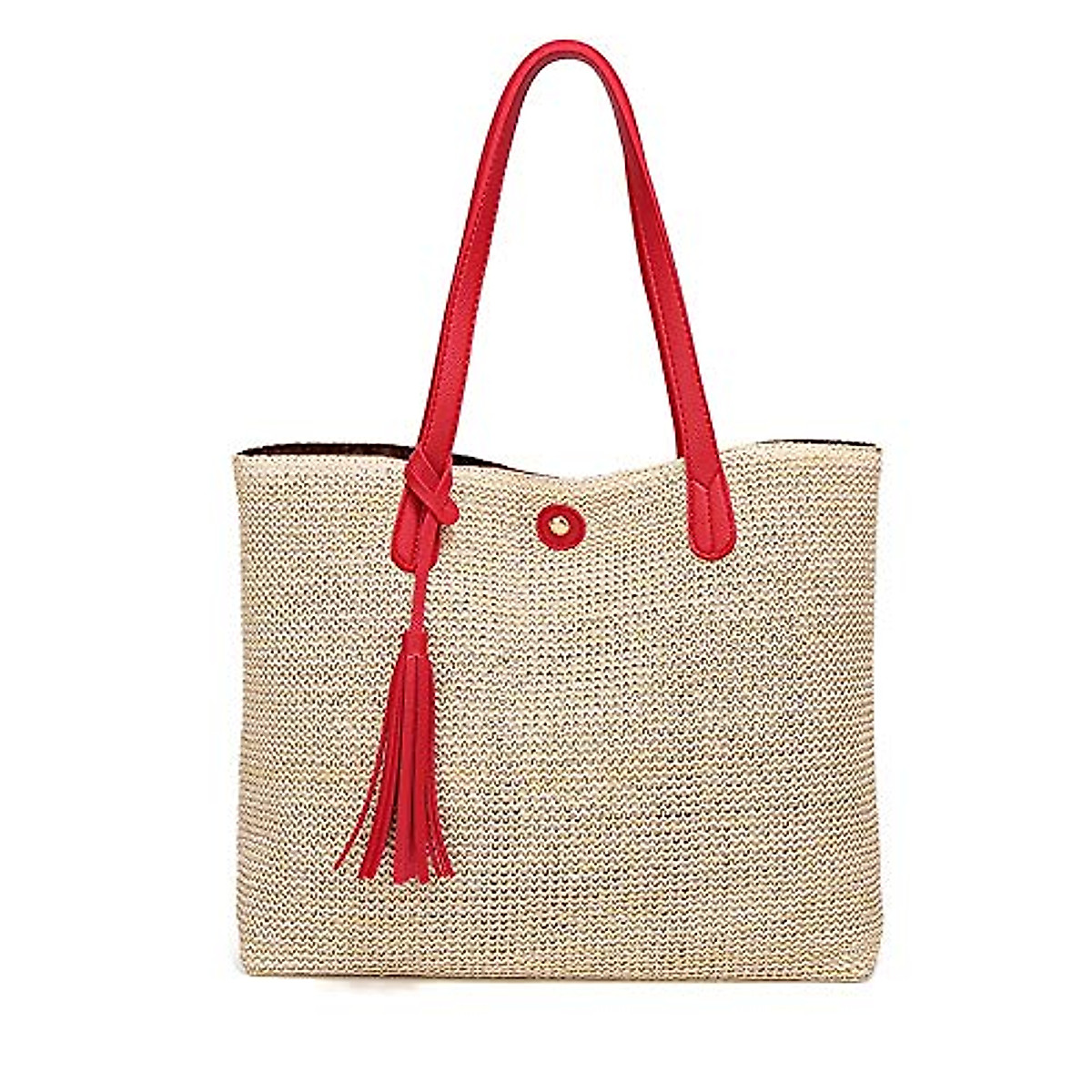 QTKJ Women Straw Summer Beach Bag Handwoven Big Tote Leather Shoulder Handbag with Tassel Decorate (Red)