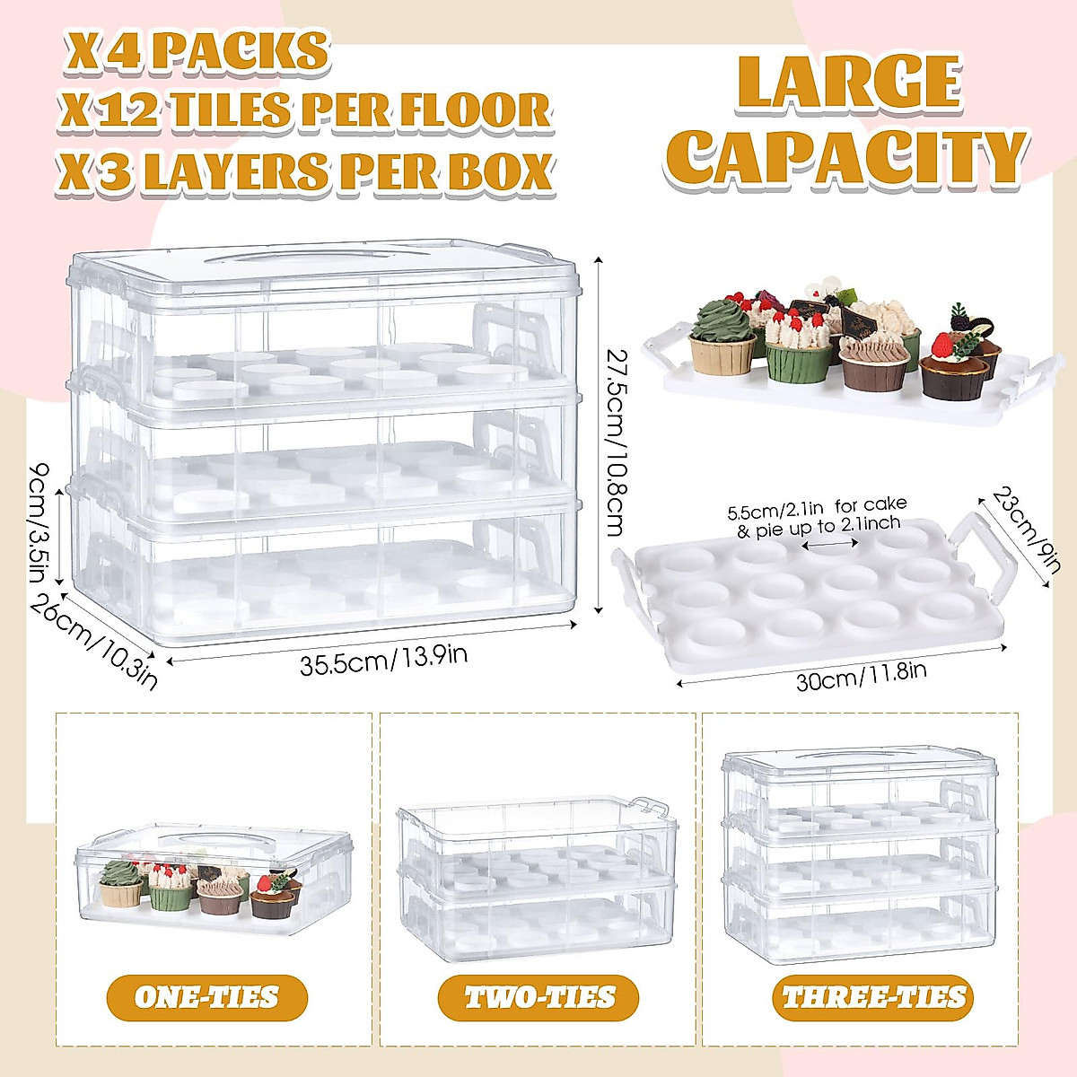 Bokon 4 Pcs 3 Tier Cupcake Carrier Stackable Cupcake Holder with Lid and Handle Plastic Cupcake Transport Container Cupcake Storage for Holding 36 Cupcakes or 3 Large Cakes, Clear