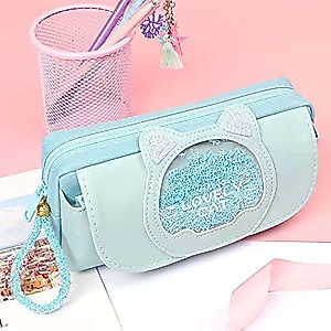 Kawaii Cute cat Pencil case Three-Layer Pencil case Large Capacity Pencil case Cute School Supplies (Blue)