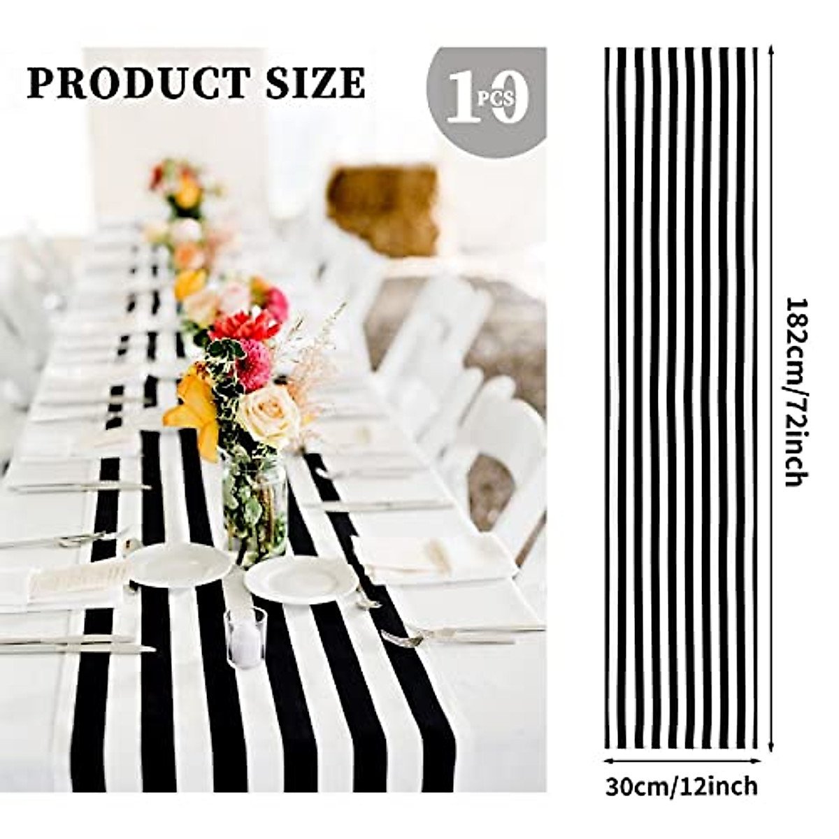 10 Pack Striped Table Runner Polyester Table Decor Classic Black and White Striped Table Runner Modern Elegant Design for Indoor Outdoor Events Banquet Party Wedding (12 x 72 Inch)