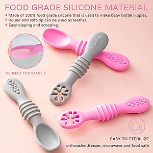 Silikong Silicone Baby Spoons Set (Stage 1 + Stage 2) - Toddler Utensils - Self Feeding Spoons