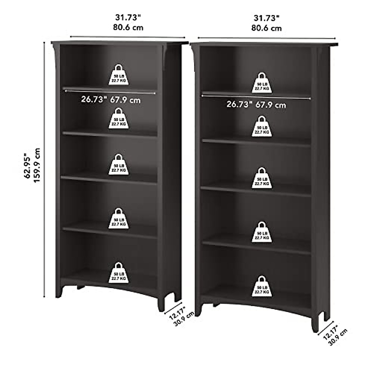 Bush Furniture Salinas 5 Shelf Bookcase - Set of 2 | Large Open Bookcase with 5 Shelves in Vintage Black | Sturdy Display Cabinet for Library, Bedroom, Living Room, Office | Tall Accent Shelf