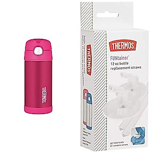 THERMOS FUNTAINER 12 Ounce Stainless Steel Vacuum Insulated Kids Straw Bottle, Pink and Thermos Replacement Straws