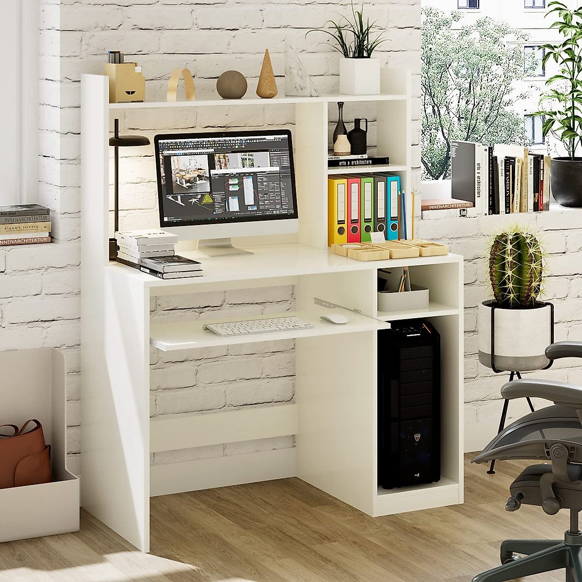 GLOBALWAY Home Office Desk w/Hutch, Gaming Table Workstation w/Keyboard Tray, CPU Stand, & Bookshelf, Modern & Space-Saving Writing Desk for Dorm, Bedroom, White