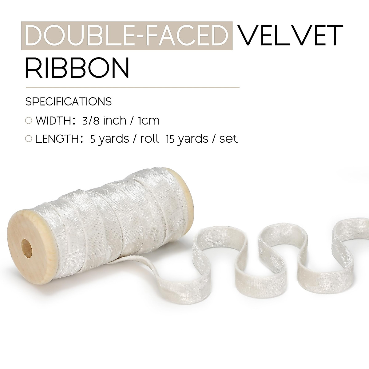 Keypan Ivory White Velvet Ribbon Double-Sided Handmade Glossy Fabric Trim Wooden Spool Thin Ribbons for Christmas Tree Gift Wrapping Crafts Wedding Flower Bouquet 3/8 inch x 5YD 3 Rolls