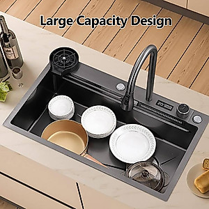 Drop In Kitchen Sink Stainless Waterfall Kitchen Sink Smart Kitchen Sink, Modern Single Basin Kitchen Sinks With Glass Washer For Sink, Workstation Sink With Pull Down Sprayhead Faucet ( Size : 75x45x
