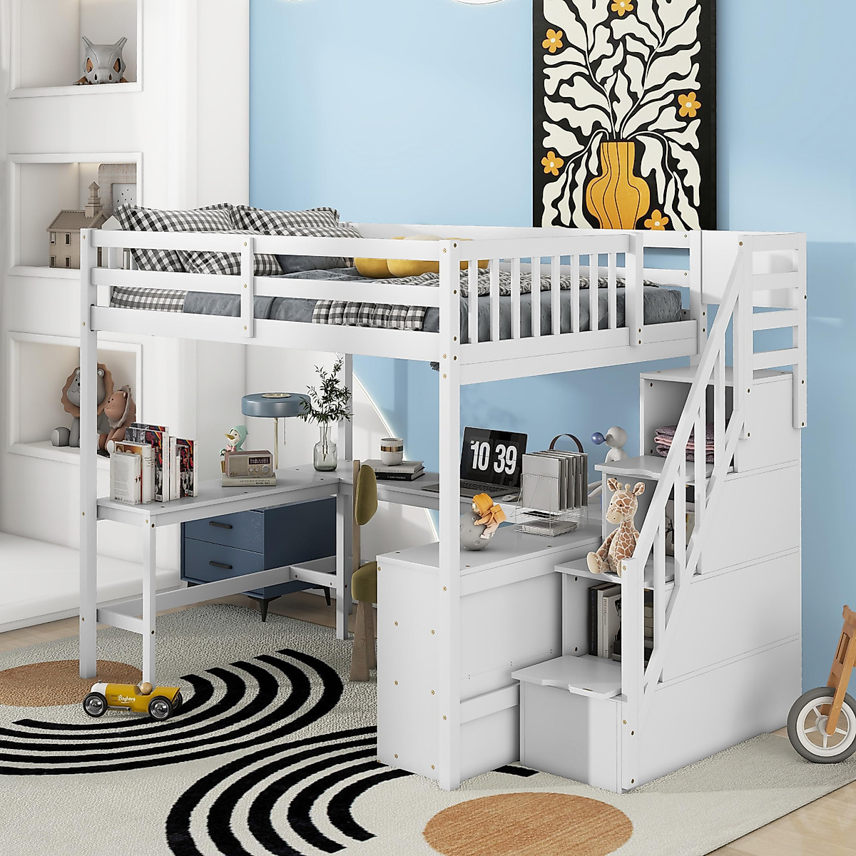 Full Size Loft Bed with Stairs and Desk, Wood Loft Beds with Storage Staircase, High Loft Bed Frame with Bookcase Shelves & L-Shape Desk for Kids, Teen, Boys, Girls, White