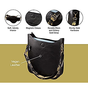Pinafore Vegan Leather Crossbody Fashion Shoulder Bag | Soft, Magnetic Closure Handbag Purse for Women with Adjustable & Removable Guitar Strap, Black