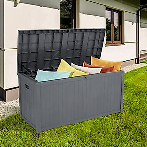EPOFIT 113 Gallon Resin Deck Box, Waterproof Outdoor Storage Box with Lockable Lid and Handles, Large Deck Storage for Outdoor Gear, Patio Furniture Cushion, Gardening Tools, Grey