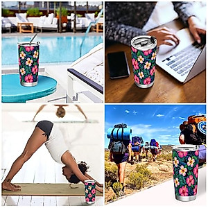 Summer Plumeria Hibiscus Palm Leaf Stainless Steel cups with lids with Lid and Straw coffee mugs with lids for Home, Office or Car safe tumbler with lid and straw 20 OZ