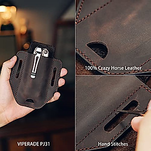 VIPERADE PJ31 Multitool Sheath, Flashlight Holster for Belt, EDC Pocket Pouch Leather Sheath for Men, Belt Sheath EDC Holster for Multitool, Flashlight, Folding Pocket Knife (No MOLLE-Brown)