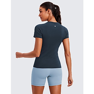 CRZ YOGA Seamless Workout Tops for Women Short Sleeve Athletic Tees Breathable Gym Running Yoga Shirts Twilight Blue Medium