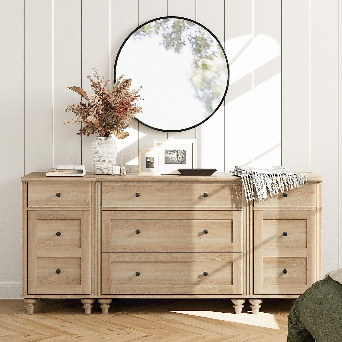 WAMPAT Dresser for Bedroom with 5 Drawers and 2 Storage Cabinet, End Table with Charging Station for Living Room, Mid Century Modern Kids Dressers with Wide Chest of Drawers for Nursery, Oak