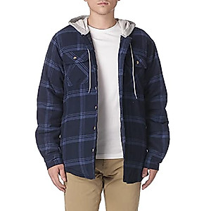 Wrangler Authentics Men's Long Sleeve Quilted Lined Flannel Shirt Jacket with Hood, Navy, Large