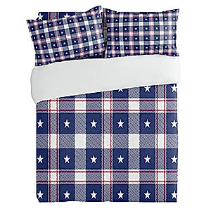 Duvet Cover Sets Independence Day Red White Blue Tartan,3 Pieces Bedding Set Ultra Soft Microfiber Quilt Covers and Pillowcase for Bedroom,USA Flag Star and Stripe Bed Set All Seasons Use