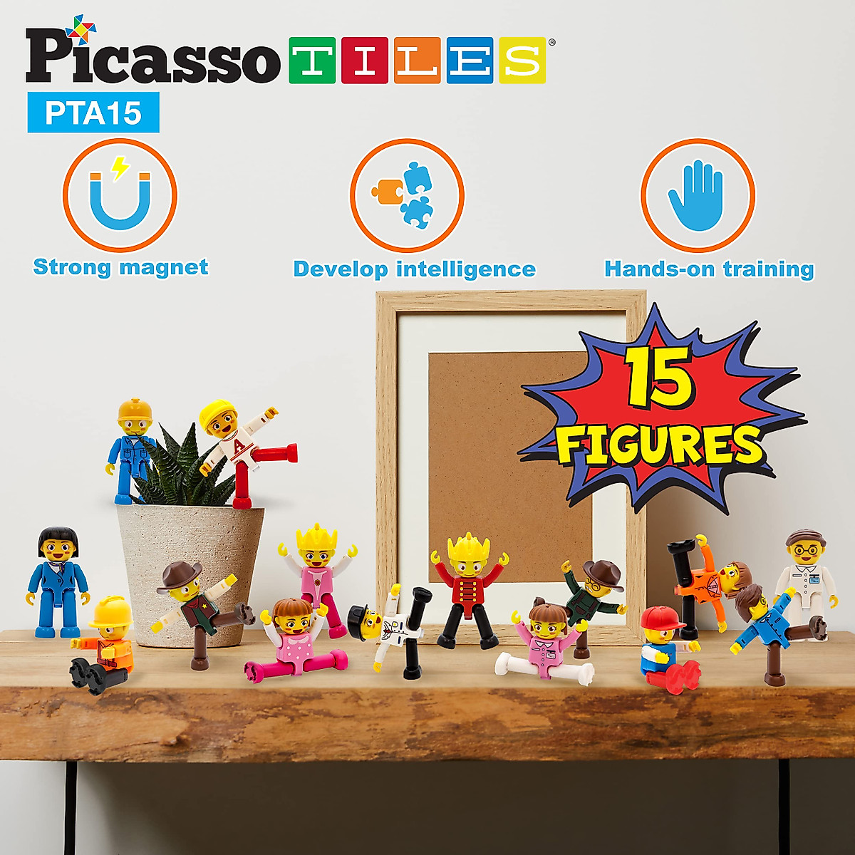 PicassoTiles 15-Piece Magnetic Character Action Figures Add-on Set for Construction Building Block Tiles