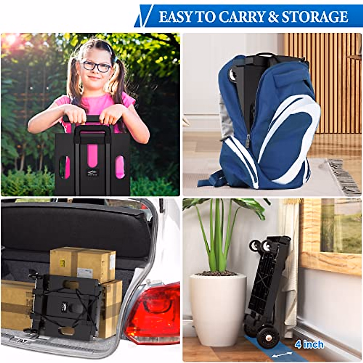 SOYO Folding Hand Truck, 265 LB Capacity Dolly Cart for Moving, Heavy Duty Fold Up Shifter Trolley Collapsible Portable Luggage Cart with 4 Wheels for Travel Shopping Office Use, Black