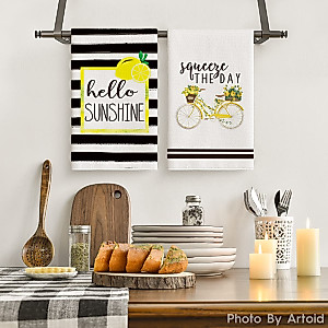 Artoid Mode Watercolor Stripes Lemon Kitchen Dish Towels Squeeze The Day, 18 x 26 Inch Seasonal Spring Summer Hello Sunshine Ultra Absorbent Drying Cloth Tea Towels for Cooking Baking Set of 2