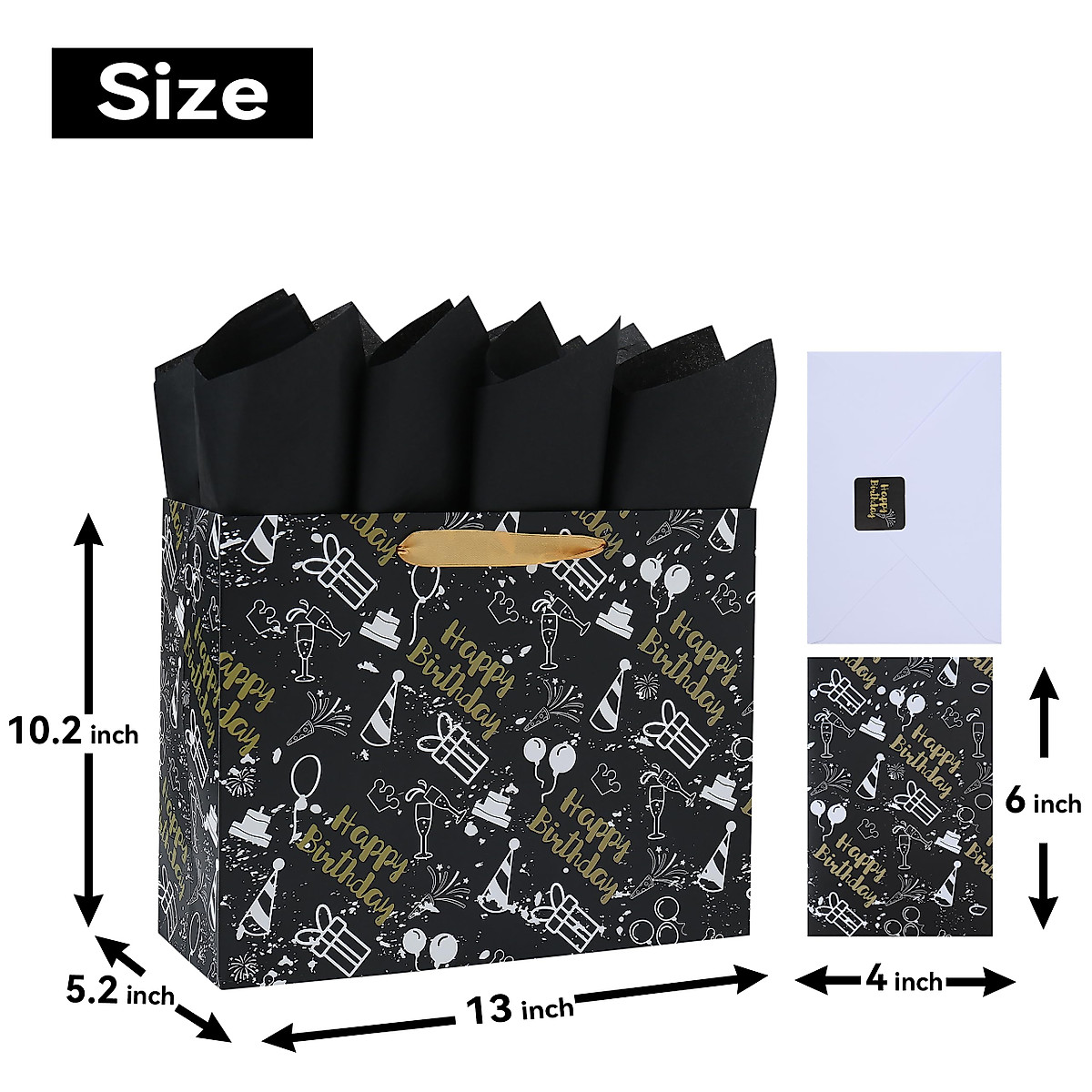 13" Large Black Gift Bag Set with Greeting Card and Tissue Papers (Cakes and Gifts Design) for Men's or Women's Party, Boys', Girls' or Kids' Birthday Parties, Baby Boy or Girl, Baby Shower-13”x5.2”x10.2”, 1 Pcs.