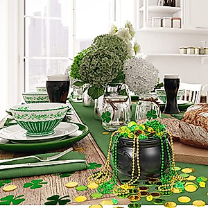 307 Pcs St Patrick's Day Black Candy Cauldron Kettle with Handle Set Shamrock Leprechaun Coin Gold and Green Gem Clover Necklace Lucky Plastic Jewelry Treasure Pot for Saint Patty's Day Party Decor