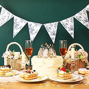 5 Pieces Blue White Vintage Floral Paper Pennant Garland Wedding Garland Triangle Banner for Wedding Bridal Shower Outdoor Decoration