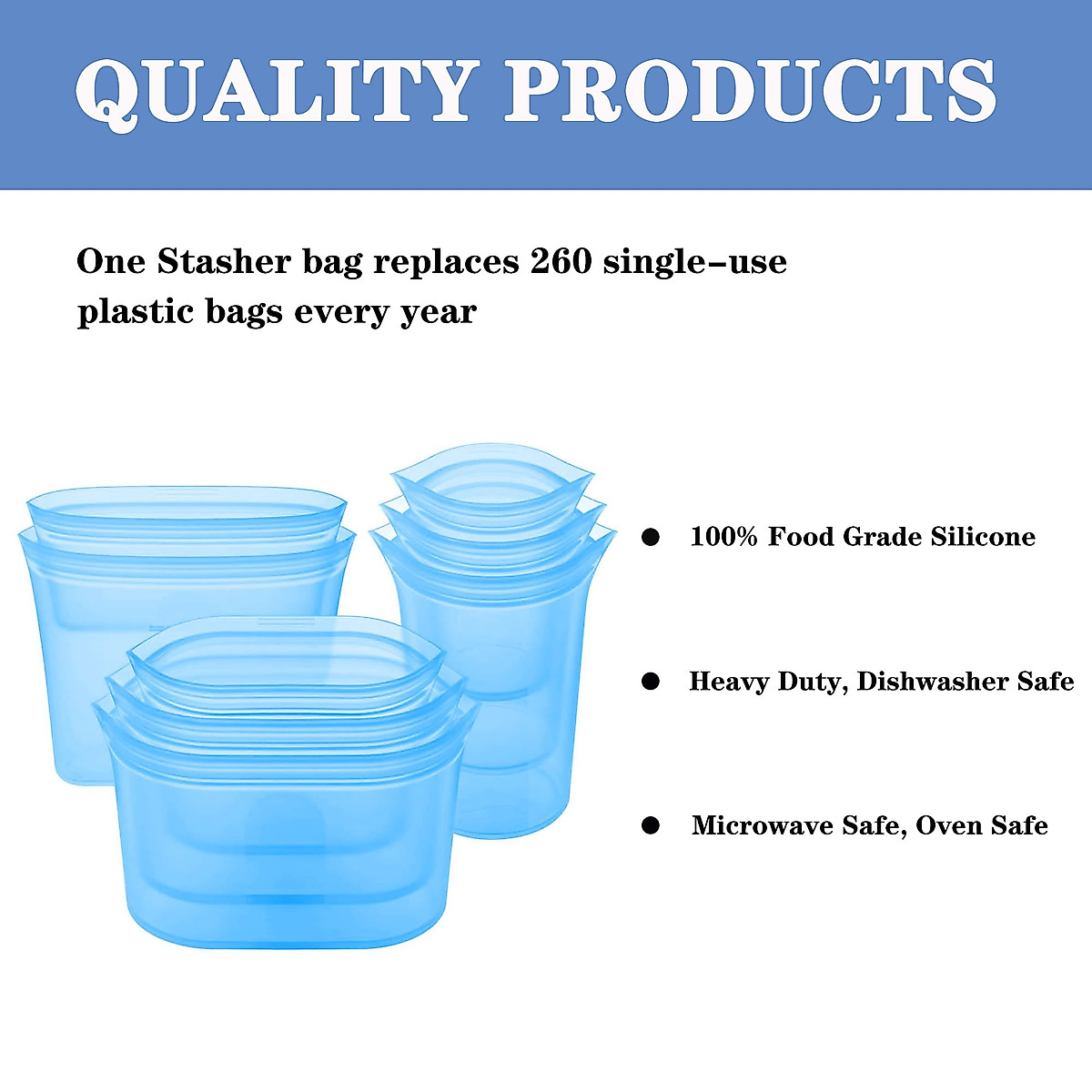 Ami.Todfo Reusable Food Storage Bag 100% Silicone Meal Prep Container Microwave Freezer and Dishwasher Safe Leak-free Bundle 8-Pack Bowls 8 Bag Set Sandwich Snack (Blue)