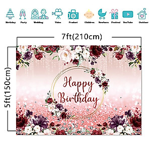 MAQTT 7 x 5 FT Pink Purple Rose Happy Birthday Photo Backdrop Flower Gold Glitter Blush Photography Background for Women Girl Birthday Party Decorations Banner Supplies