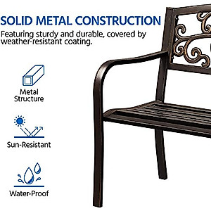 Patio Bench Park Bench, 50" Antique Powder Coated Iron Outdoor Metal Bench w/Floral Ivy Design Backrest, 400lbs Cast Iron Anti-Rust Sturdy Steel Frame Furniture for Porch Entryway Lawn Decor Deck