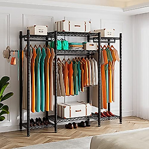 PUNION Clothing Rack Heavy Duty Clothes Rack, L Shaped Pro Garment Rack with 7 Shelves, Sturdy Metal Wardrobe Closet Rack for Hanging Clothes, 56" L x 14" W x 71" H, Max Load 520lbs, Black, GR7L